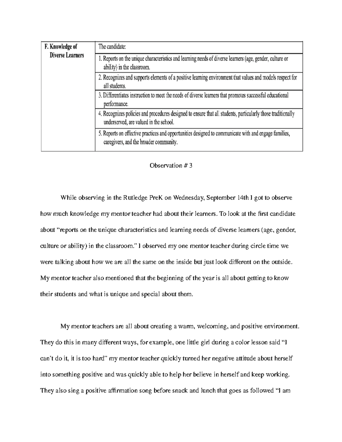 Observation - Knowledge Of Diverse Learners - Observation # 3 While ...