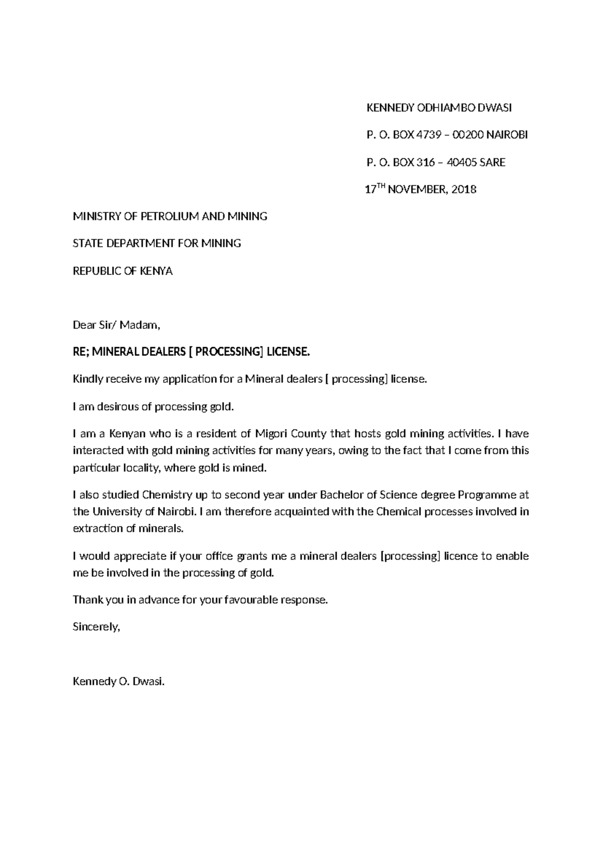 Mineral Dealers [ Processing] License - KENNEDY ODHIAMBO DWASI P. O ...