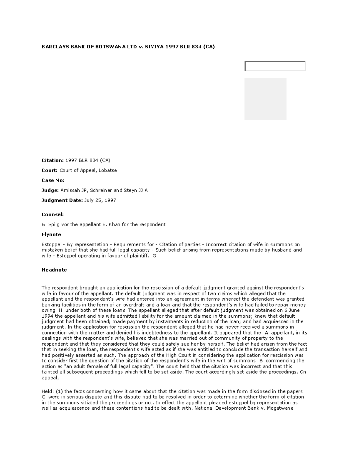 Barclays BANK OF Botswana LTD v Siviya - BARCLAYS BANK OF BOTSWANA LTD ...