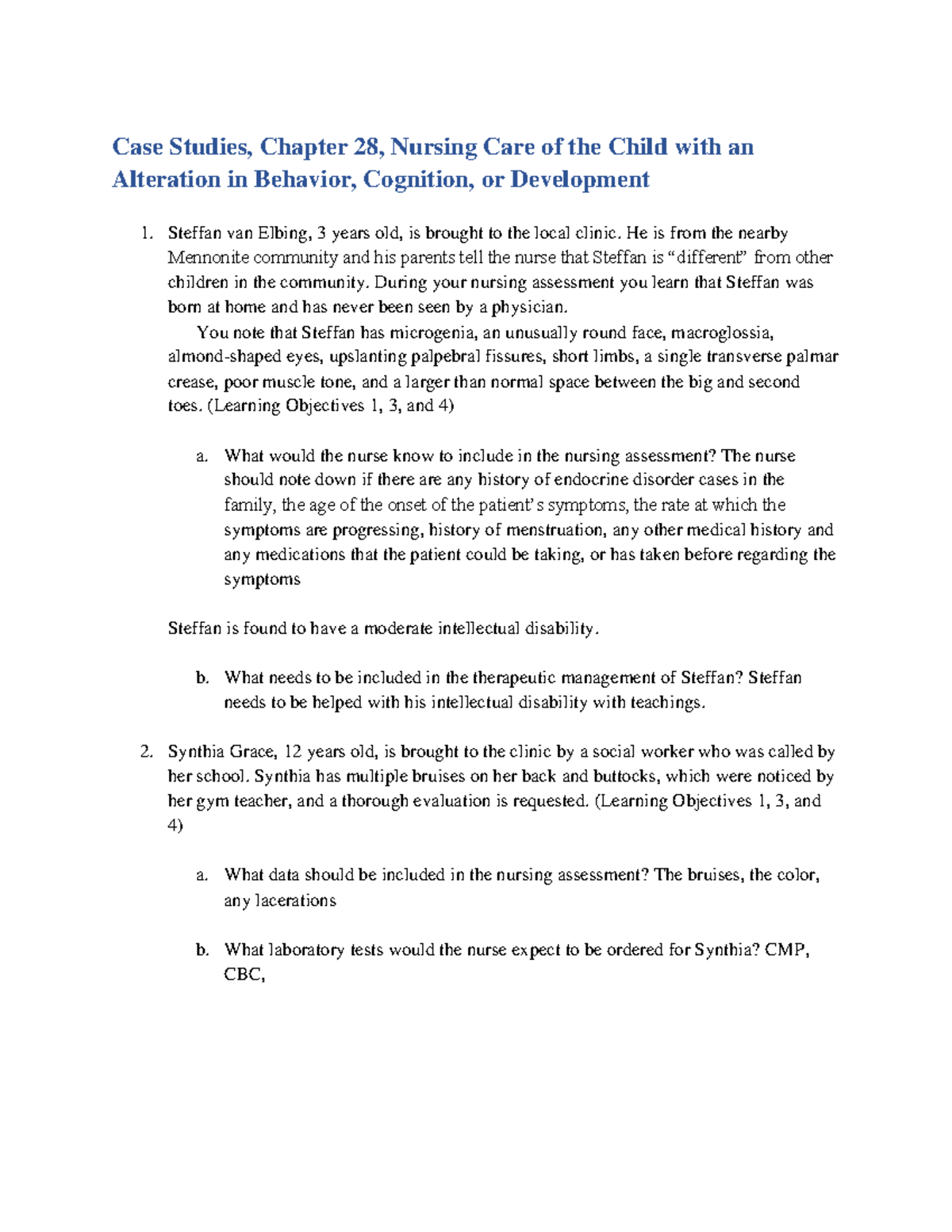 CS Chapter 28 - Case study - Case Studies, Chapter 28, Nursing Care of ...