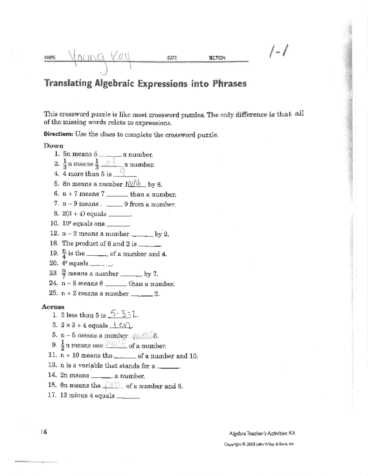 Algebraic Expressions into Phrases Cossword with answers - MTH 571 ...
