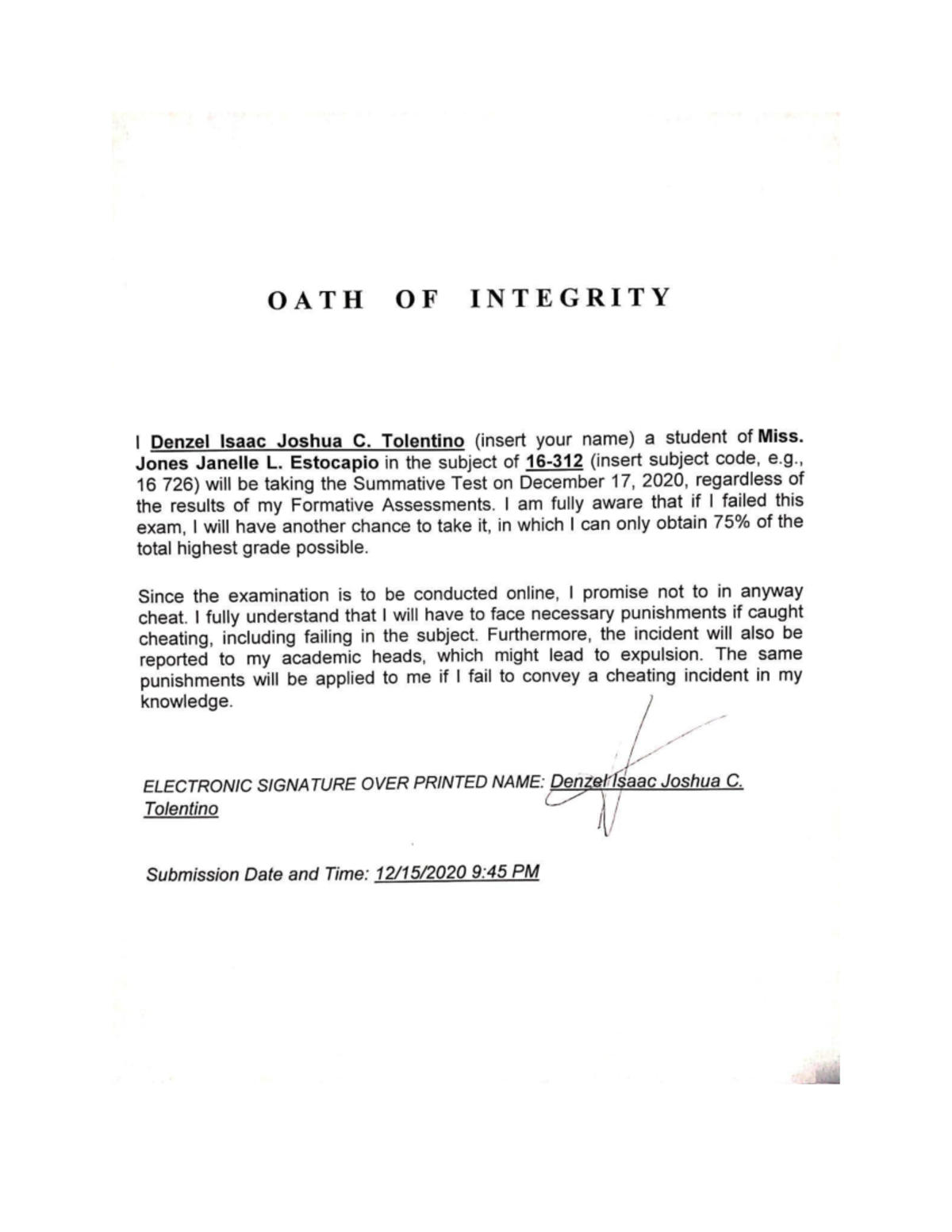 Oath of Integrity Tolentino - Accountancy - Studocu