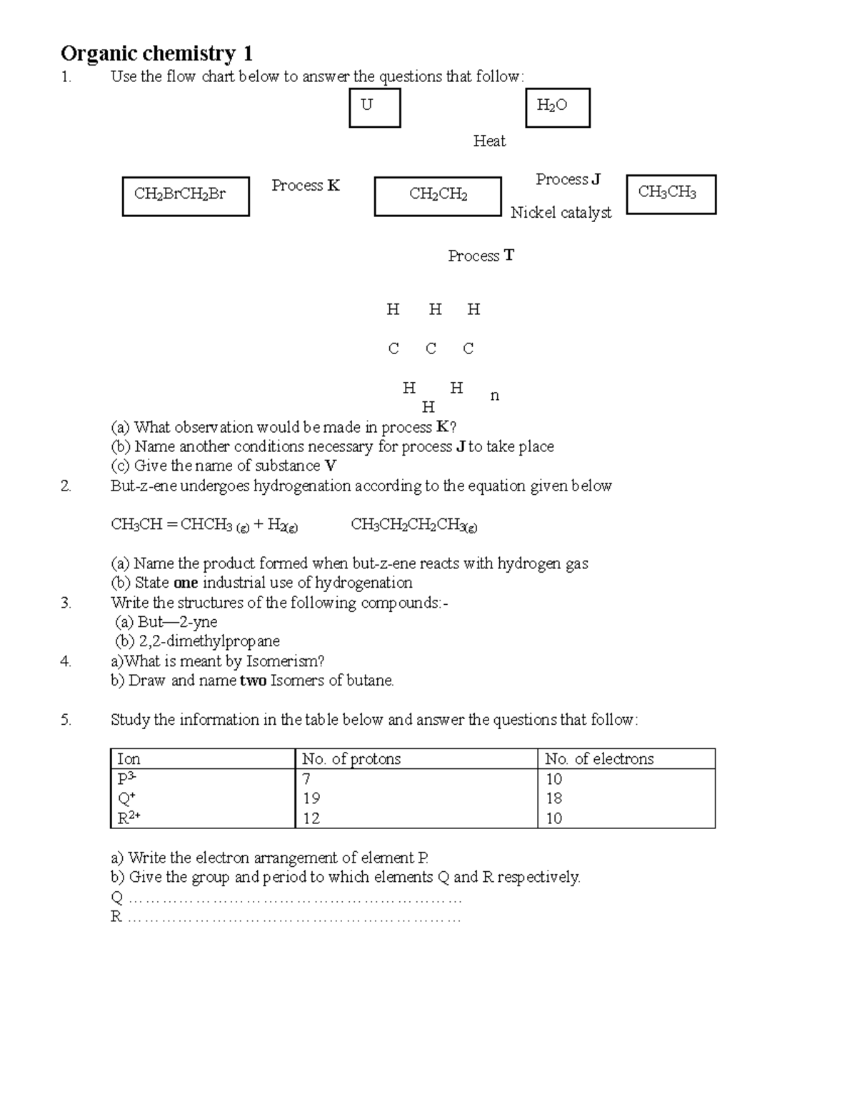 FORM 3 Organic Chemistry I Questions Teacher - Organic chemistry 1 Use ...