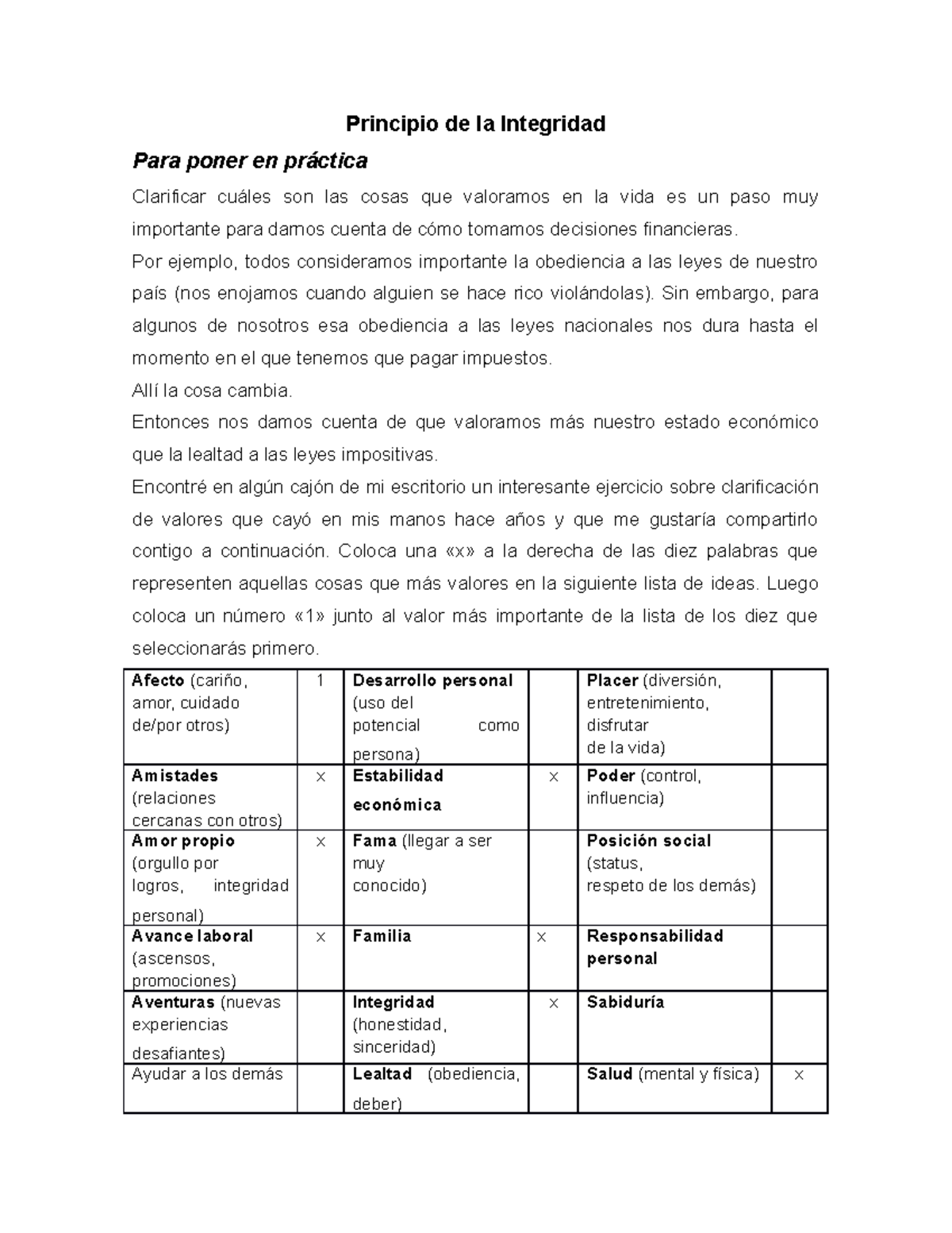 Principio DE LA Integridad - Principio de la Integridad Para poner en práctica Clarificar cuáles ...