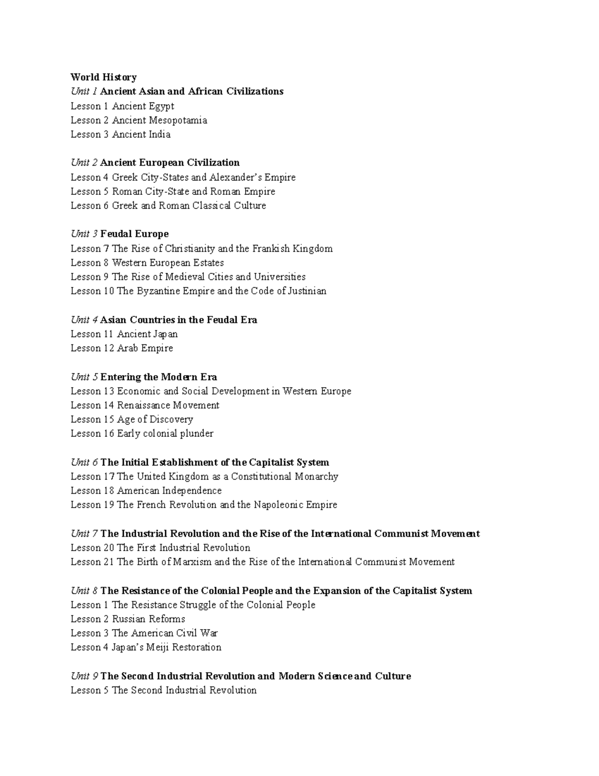 World History Syllabus - World History Unit 1 Ancient Asian and African ...