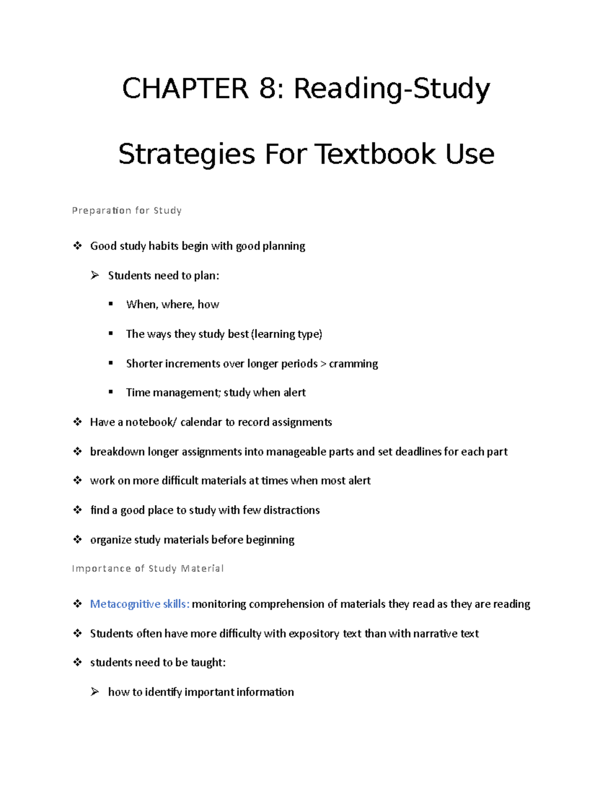 Chapter 8: Reading- Study Strategies for Textbook Use - CHAPTER 8 ...