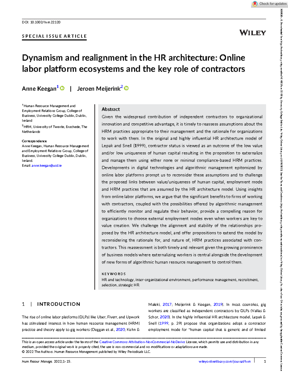 Human Resource Management - 2022 - Keegan - Dynamism and realignment in ...