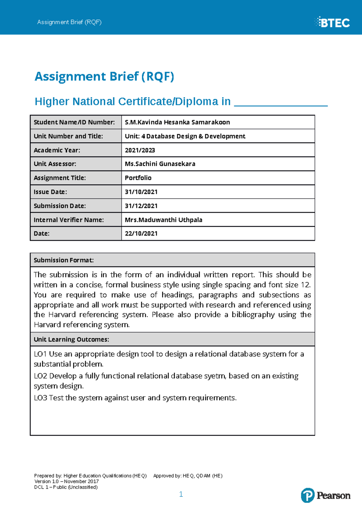 Assignment Batch 10 - maths - Assignment Brief (RQF) Higher National Certificate/Diploma in ...