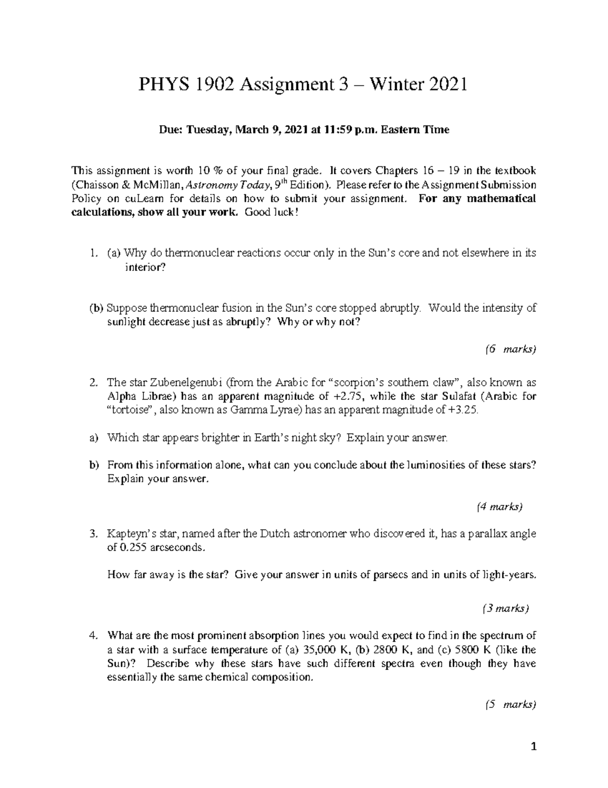 PHYS 1902 W2021 Assignment 3 - 1 PHYS 1902 Assignment 3 – Winter 2021 ...