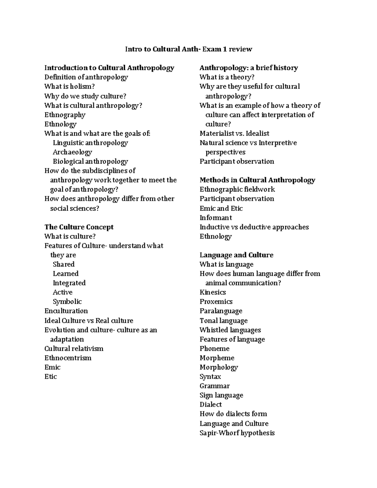 Exam 1 review guide - Intro to Cultural Anth- Exam 1 review ...