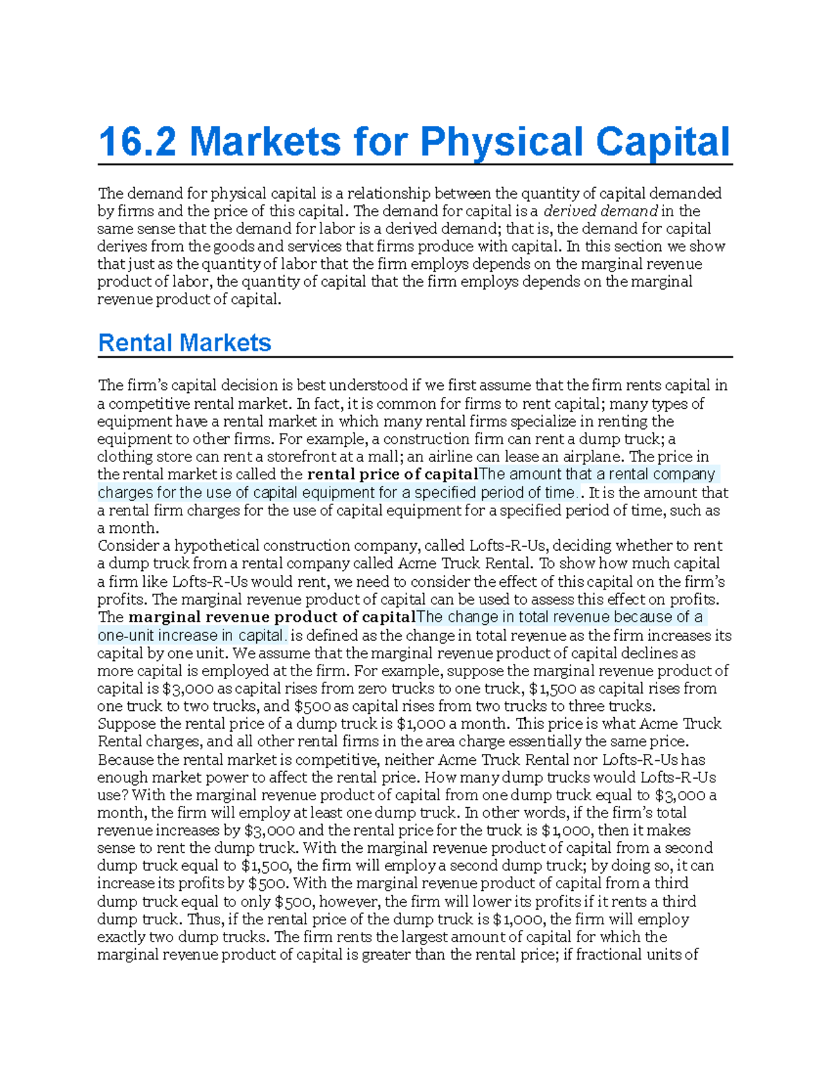 16.2 Markets for Physical Capital - 16 Markets for Physical Capital The ...