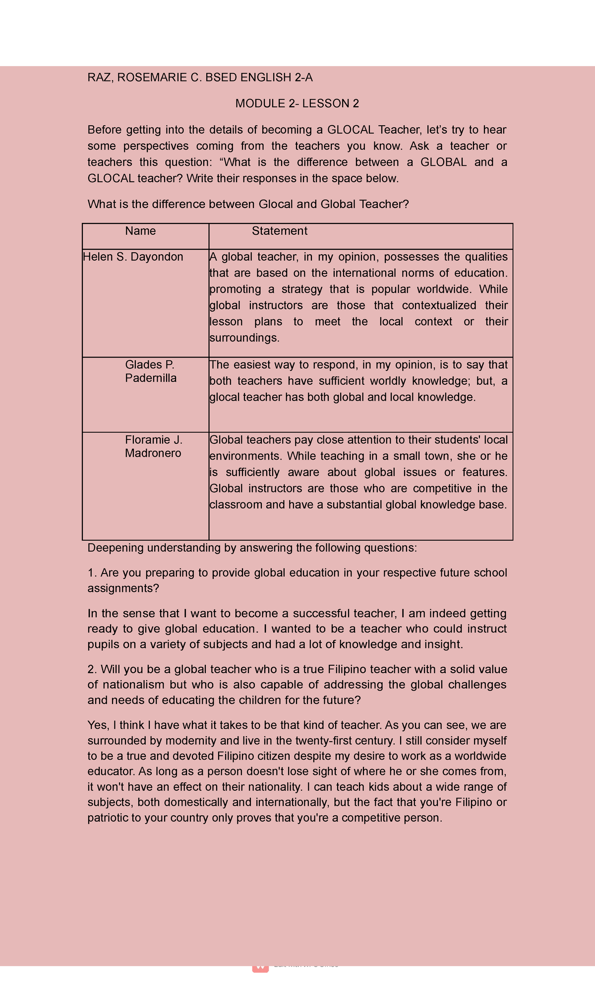 Module 2 Lesson 2 - the Teacher - RAZ, ROSEMARIE C. BSED ENGLISH 2-A ...