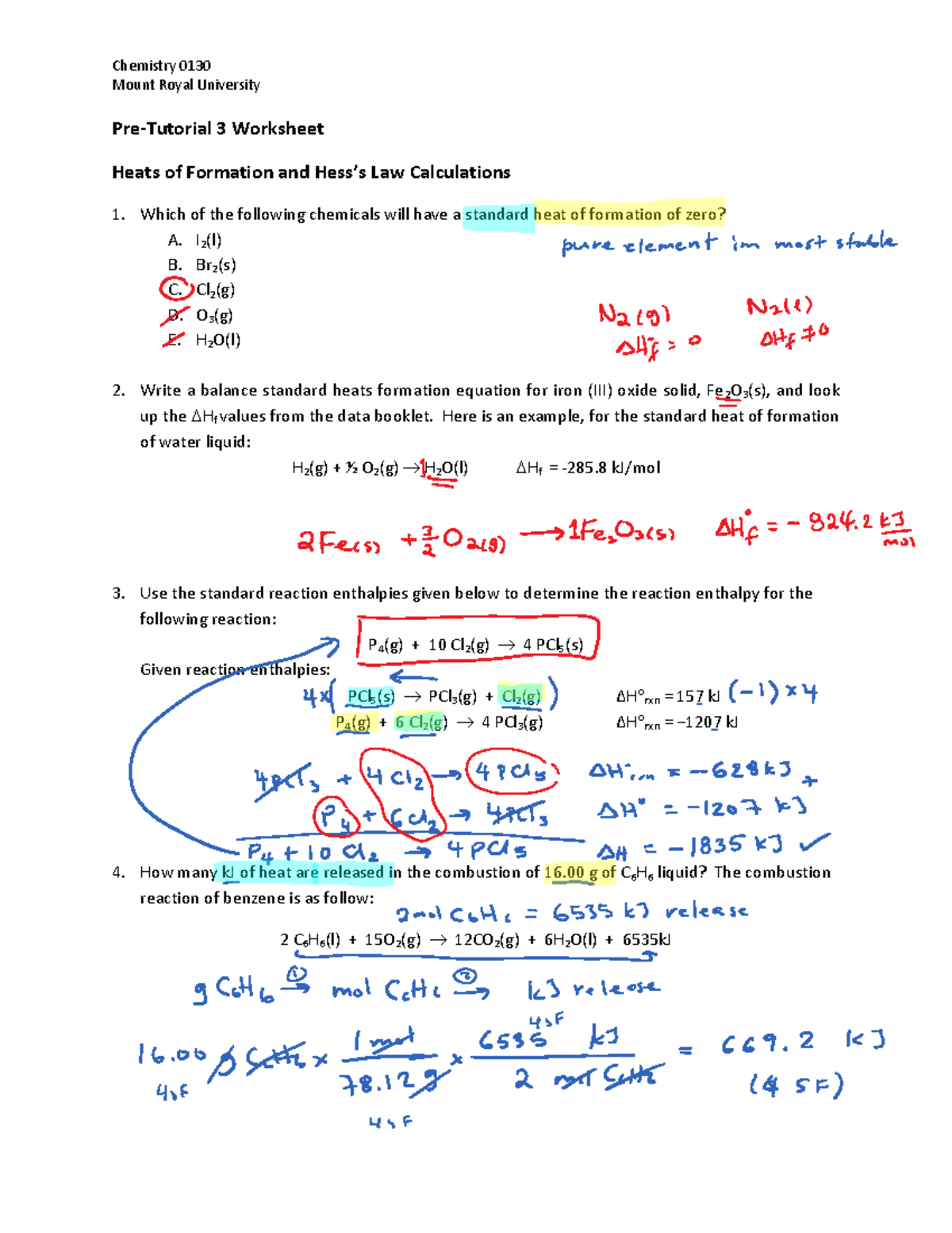 Pre-Tutorial 3 Worksheet Key - Chemistry 0130 Mount Royal University Pre-Tutorial 3 Worksheet ...
