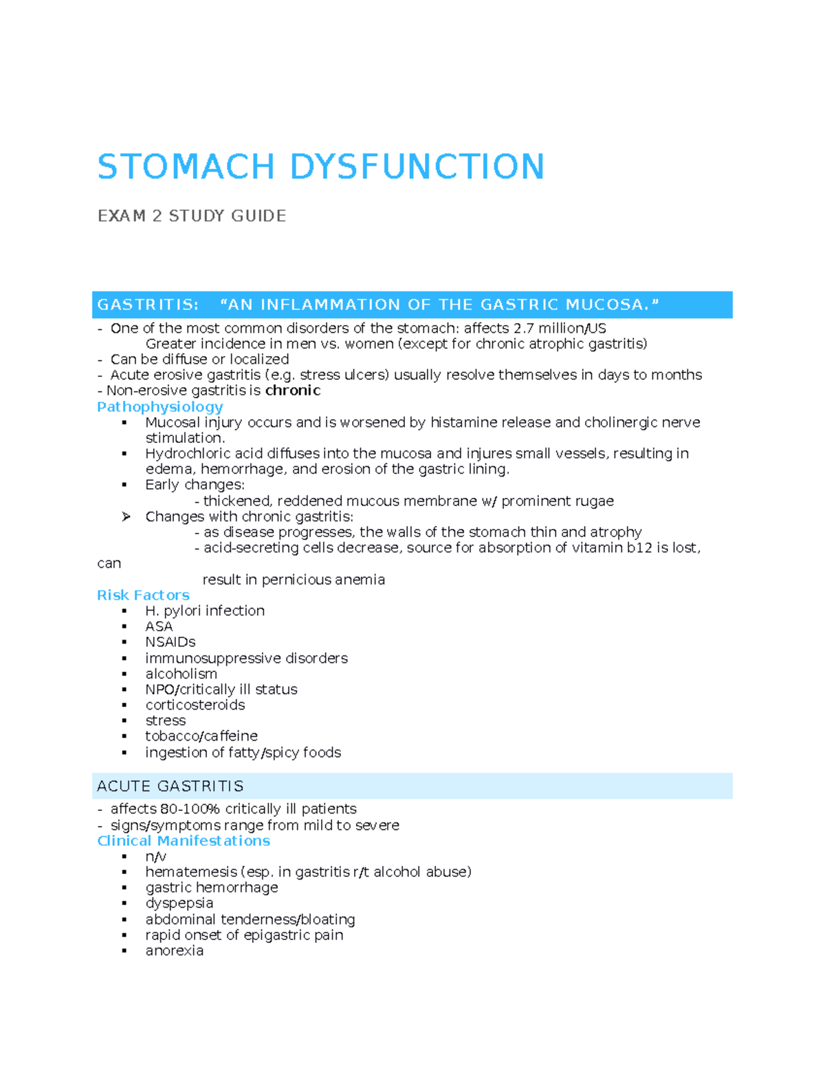 Stomach Study Guide - STOMACH DYSFUNCTION EXAM 2 STUDY GUIDE GASTRITIS ...