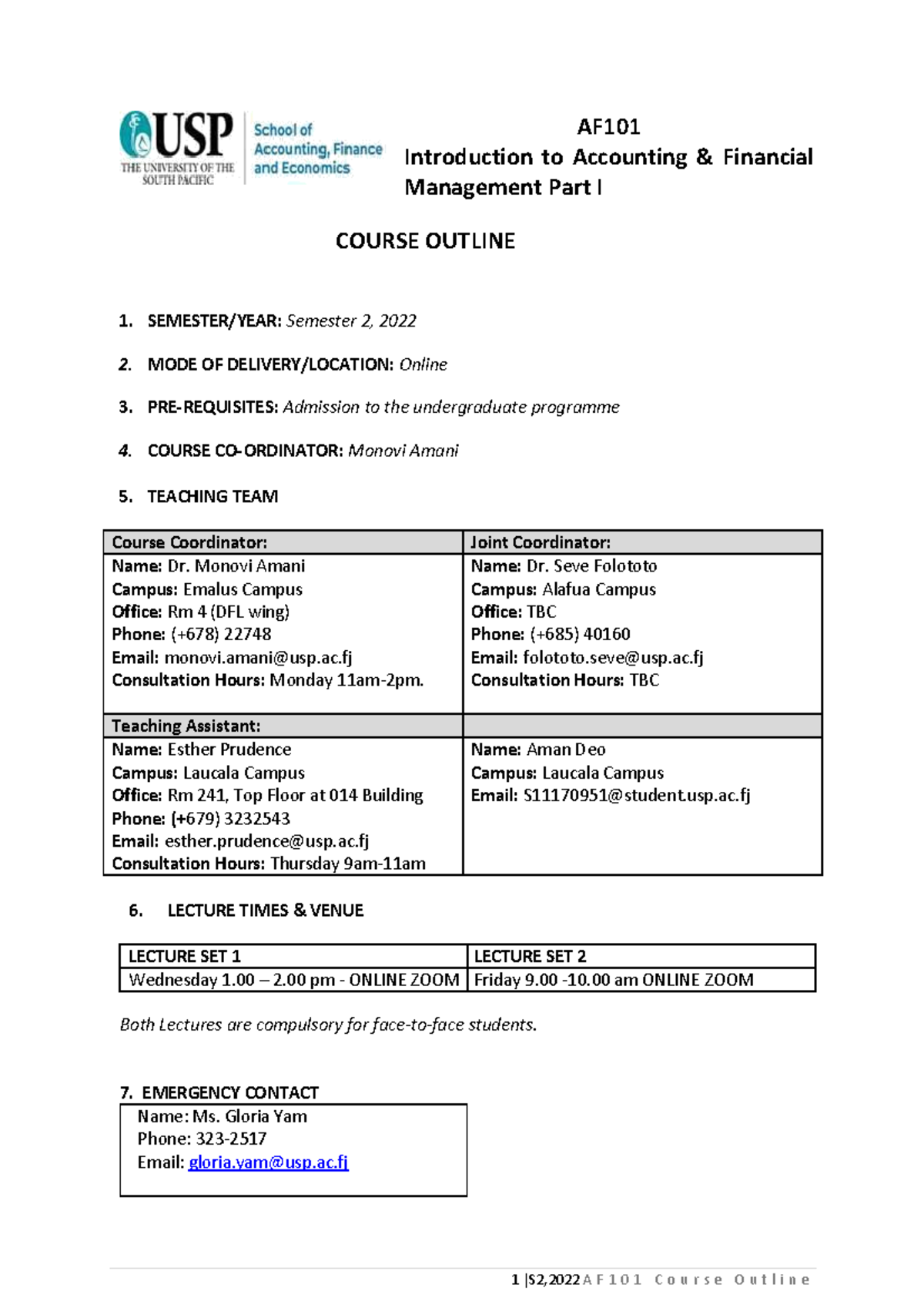 AF101 Course Outline Draft v2 semester 2 2022 - AF Introduction to ...