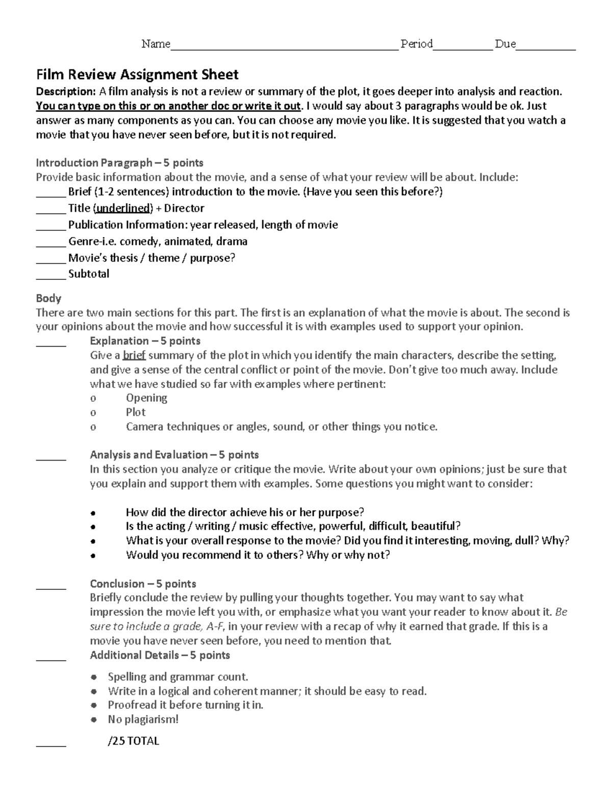 FILM Review - Rubric - Name ...