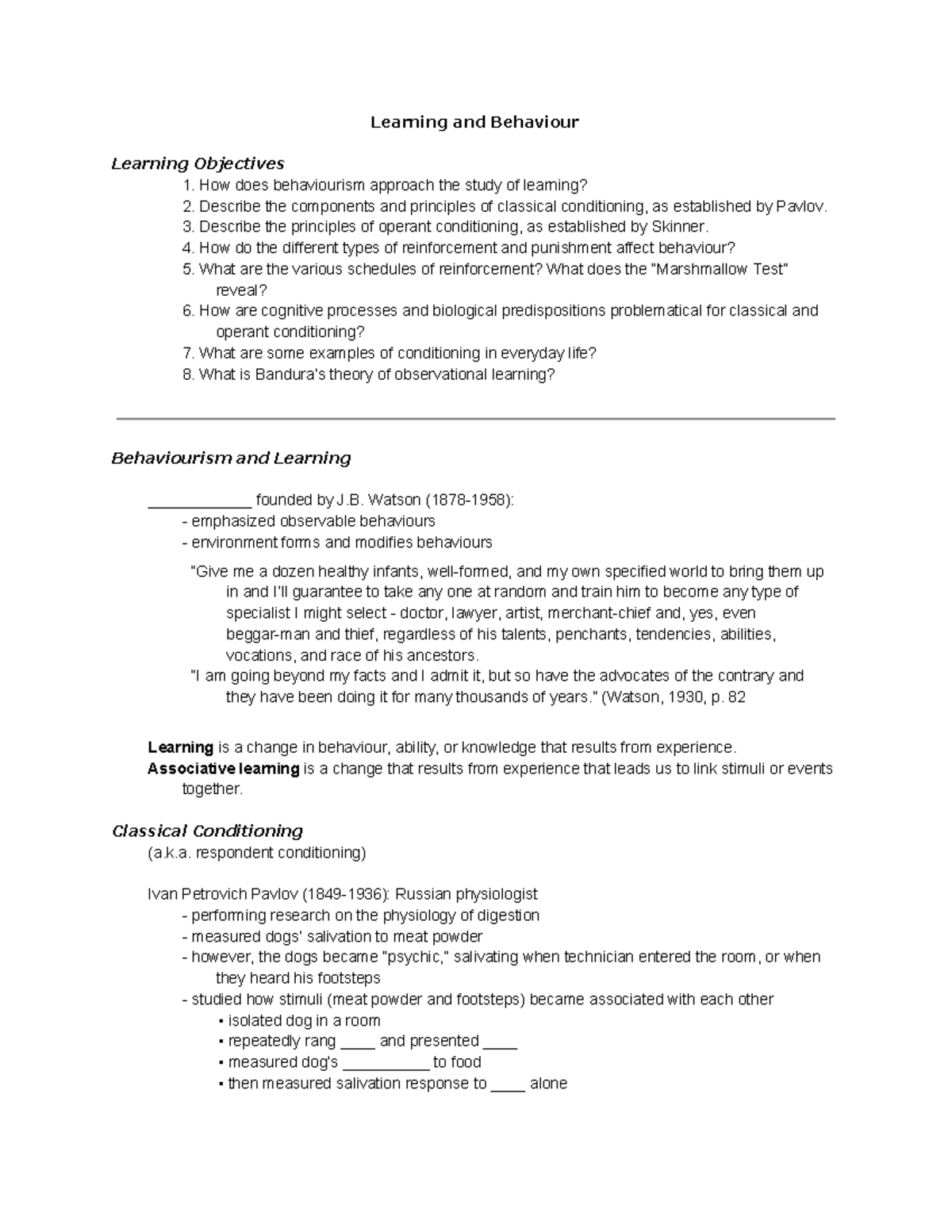 Learning and behaviour lecture notes - Learning and Behaviour Learning ...