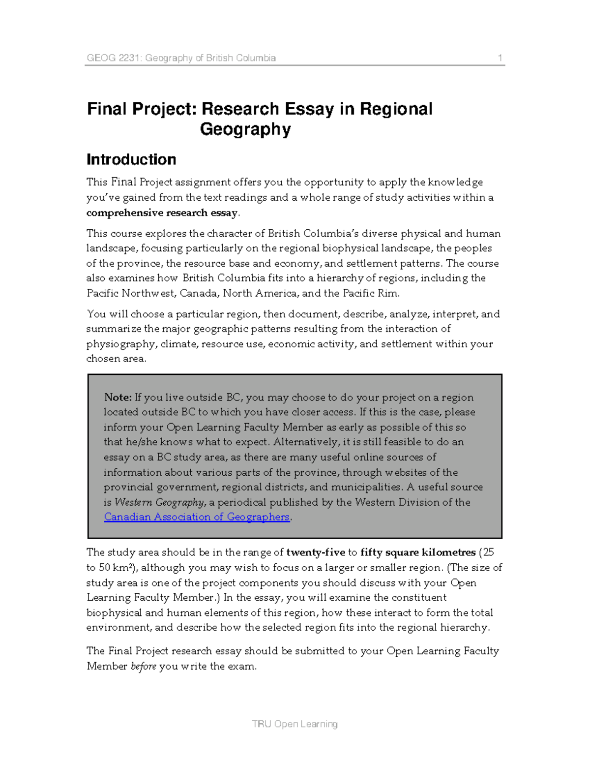 GEOG2231 Final Project - GEOG 2231: Geography of British Columbia 1 ...
