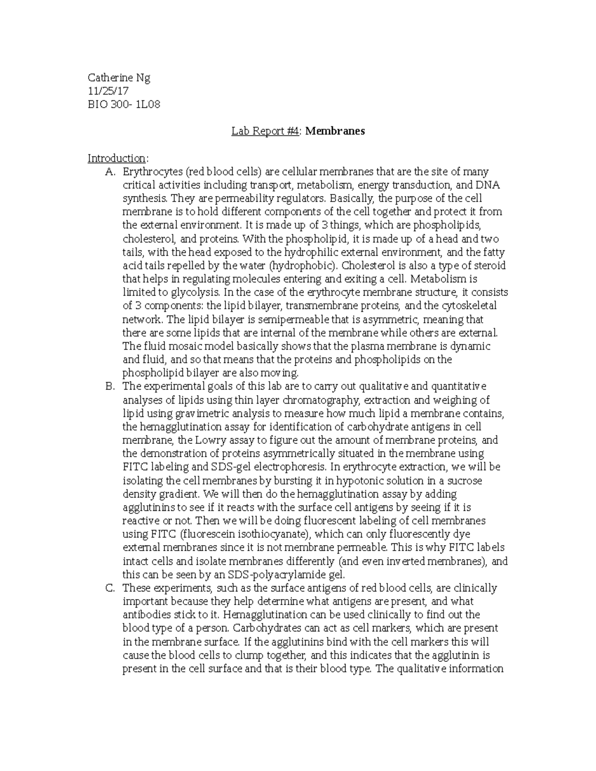 Biochem lab 4 assignment - Catherine Ng 11/25/ BIO 300- 1L Lab Report ...