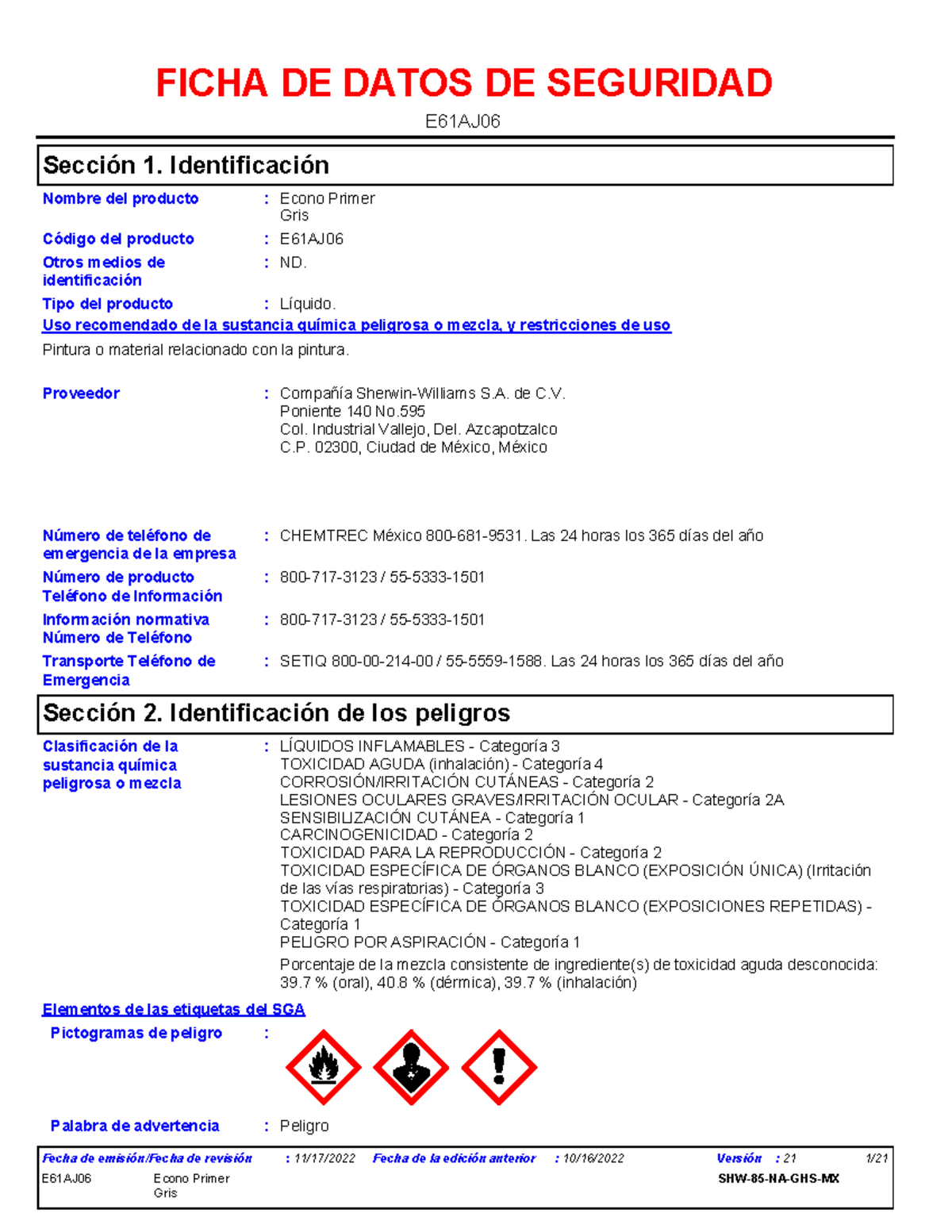 HDS Econo Primer Gris (39) - Econo Primer Gris ND. Líquido. CHEMTREC ...