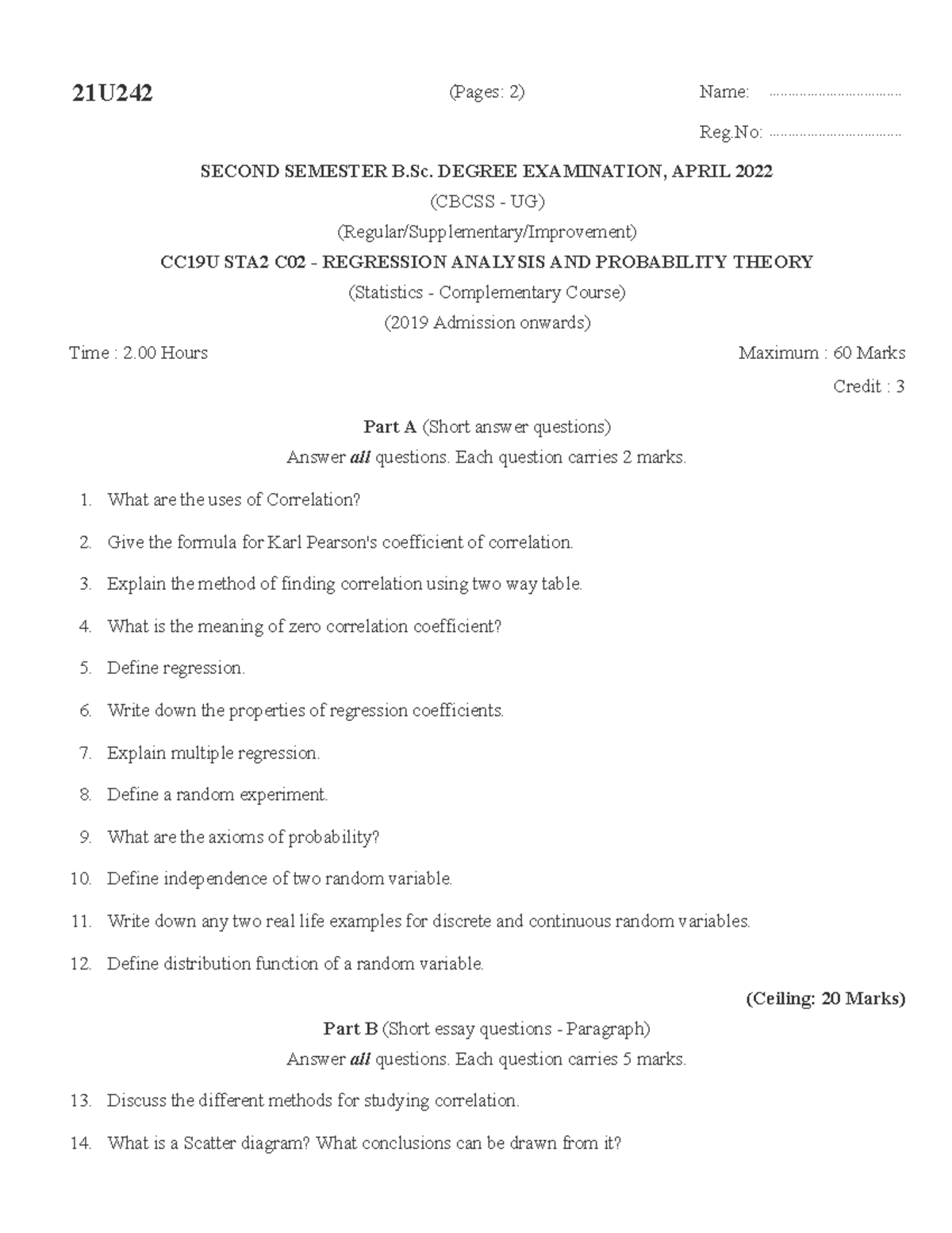 STA2 C02 - Regression Analysis AND Probability Theory - Maximum : 60 Marks Credit : 3 21U242 ...