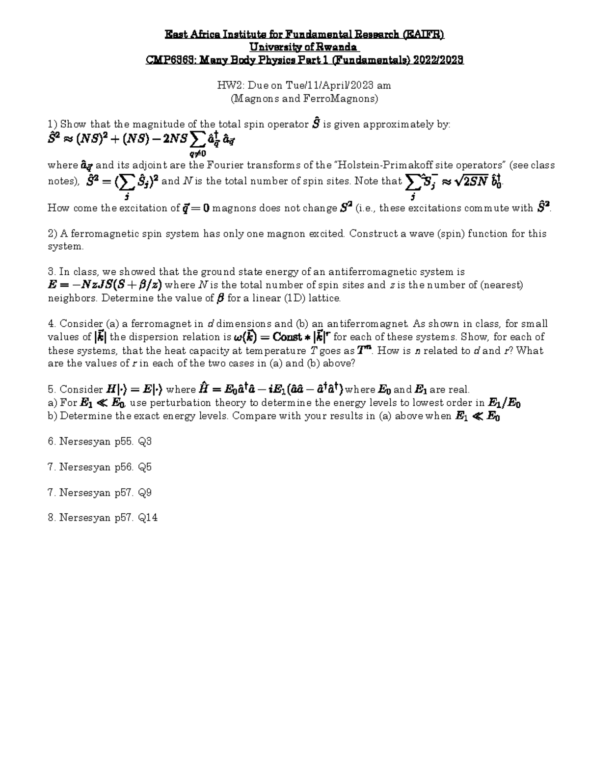 Many Body Physics Homework - East Africa Institute for Fundamental ...