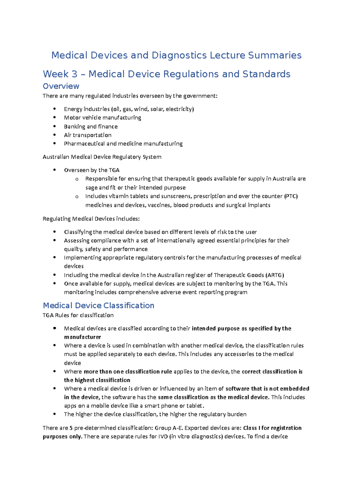 MMD summary week 3 - Medical Devices and Diagnostics Lecture Summaries Week 3 – Medical Device ...