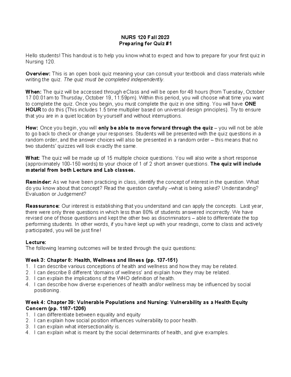 Preparing for Quiz #1 Fall 2023 - NURS 120 Fall 2023 Preparing for Quiz ...