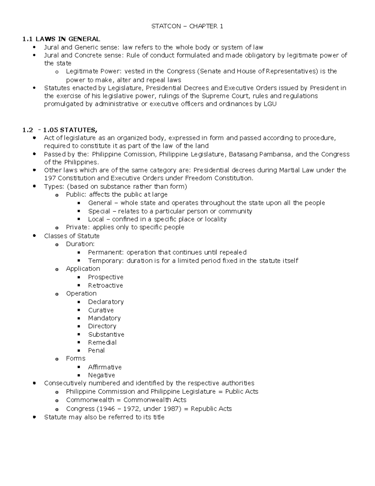 Statutory Construction Notes - STATCON – CHAPTER 1 1 LAWS IN GENERAL ...