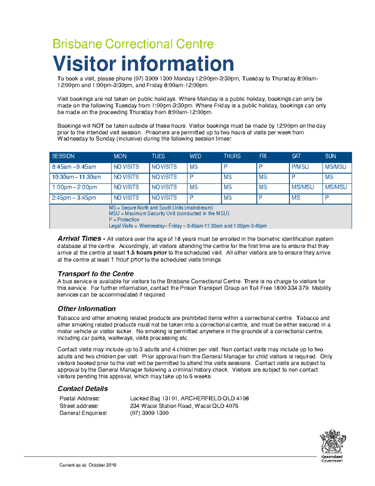 Brisbane - Xxxxxxx - Brisbane Correctional Centre Visitor information ...