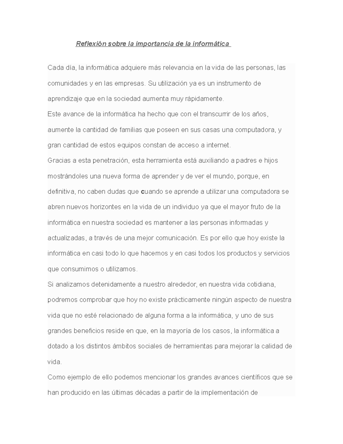 Reflexión sobre la importancia de la informática - Reflexión sobre la ...