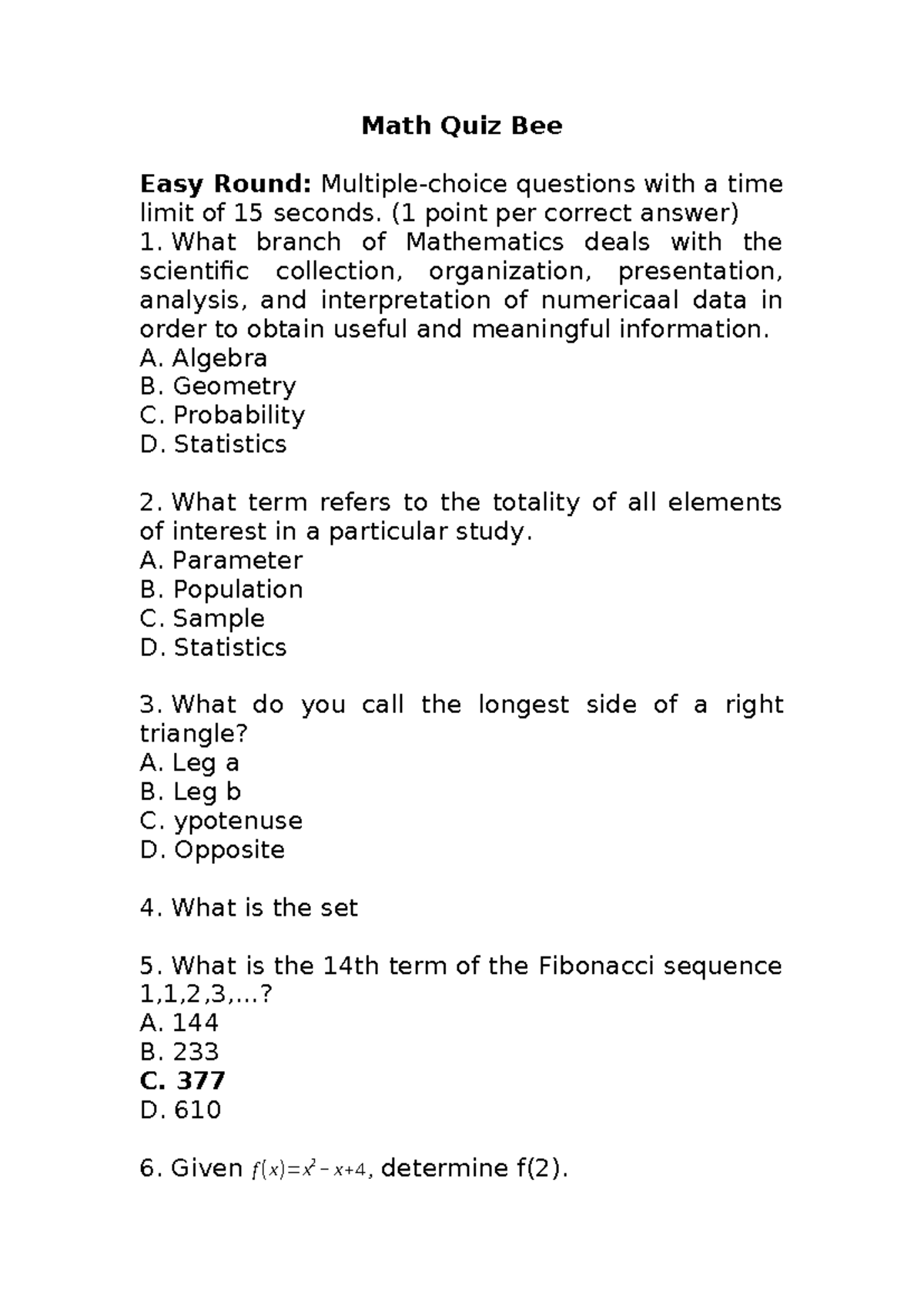 Mathematics 123 - Math Quiz Bee Easy Round: Multiple-choice questions ...