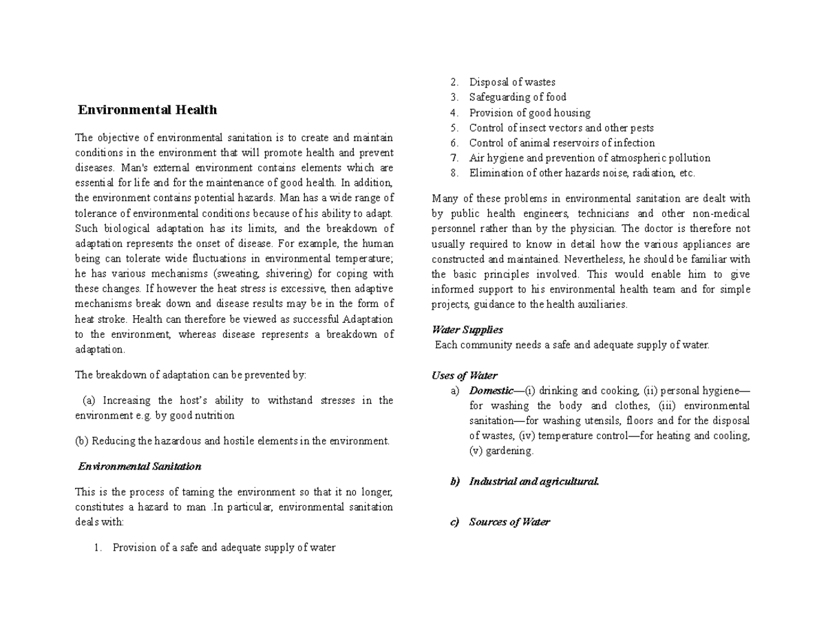 Environmental health notes (mph) 1 - Environmental Health The objective ...