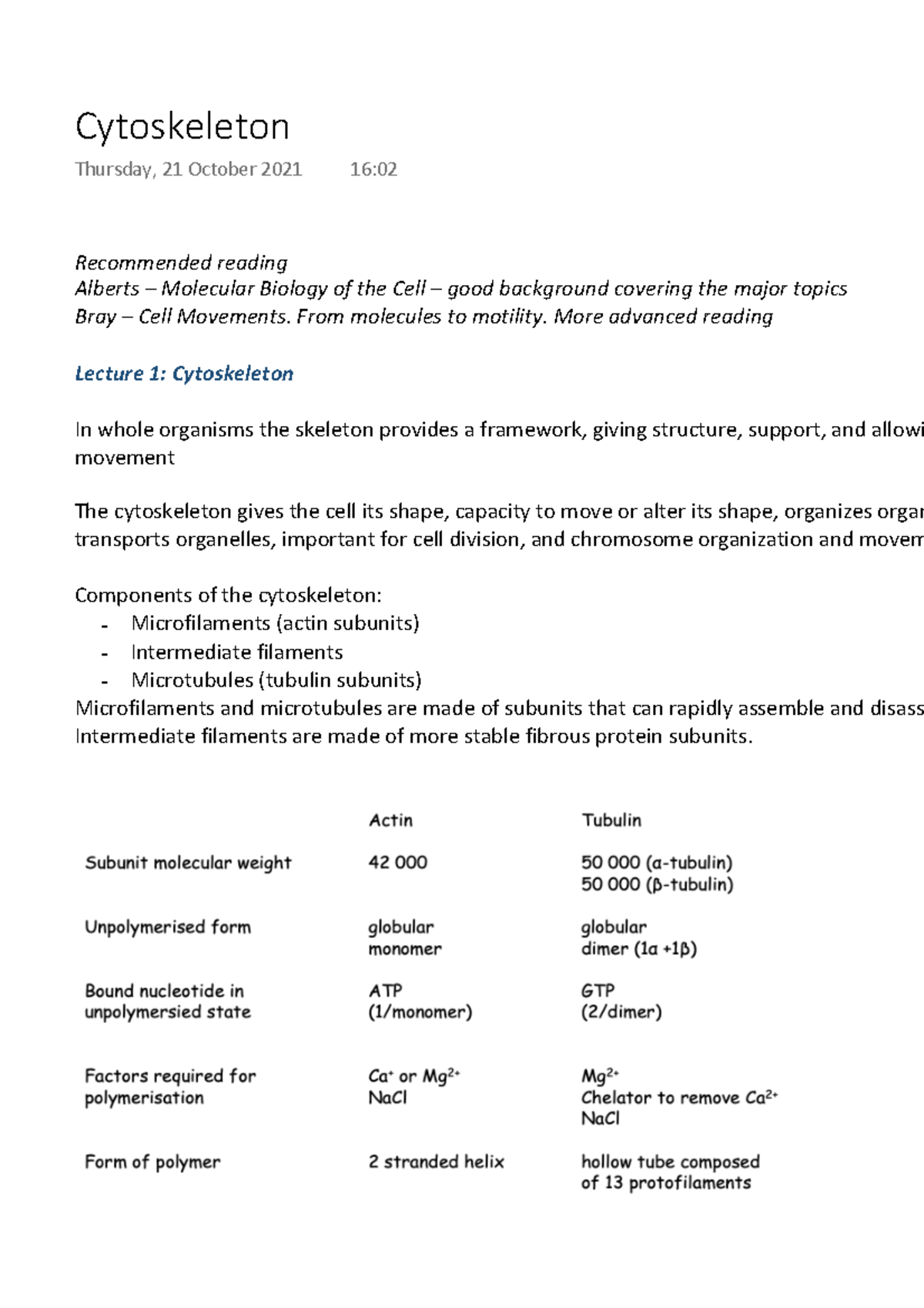 Cytoskeleton - Notes from lecture - Recommended reading Alberts ...