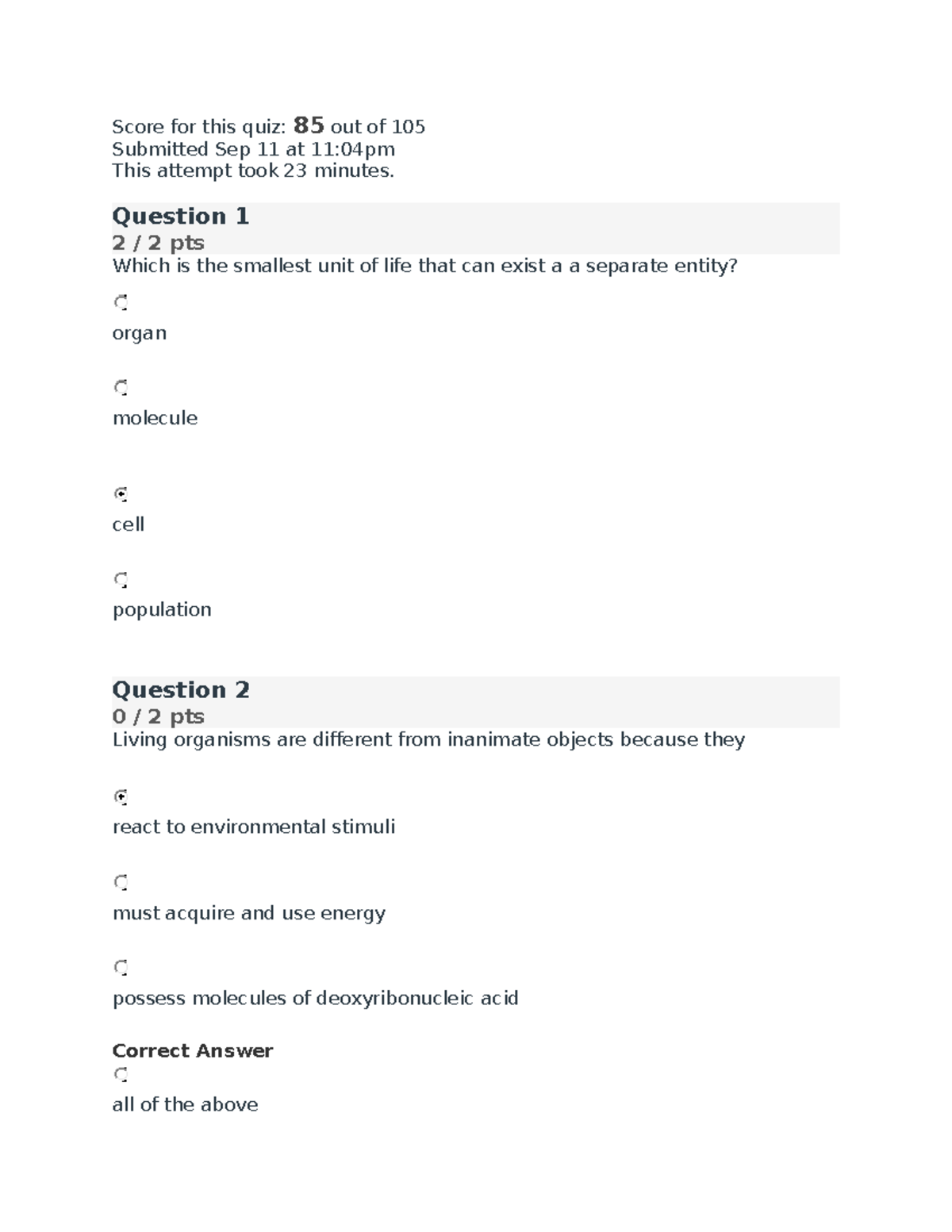 Test 1 chapter 1-3 - Score for this quiz:Submitted Sep 11 at 11:04pm 85 ...
