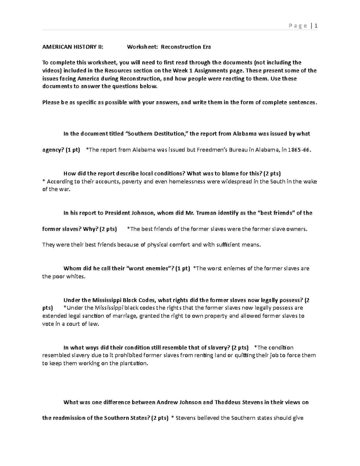 History 1 - 101 - P a g e | 1 AMERICAN HISTORY II: Worksheet ...