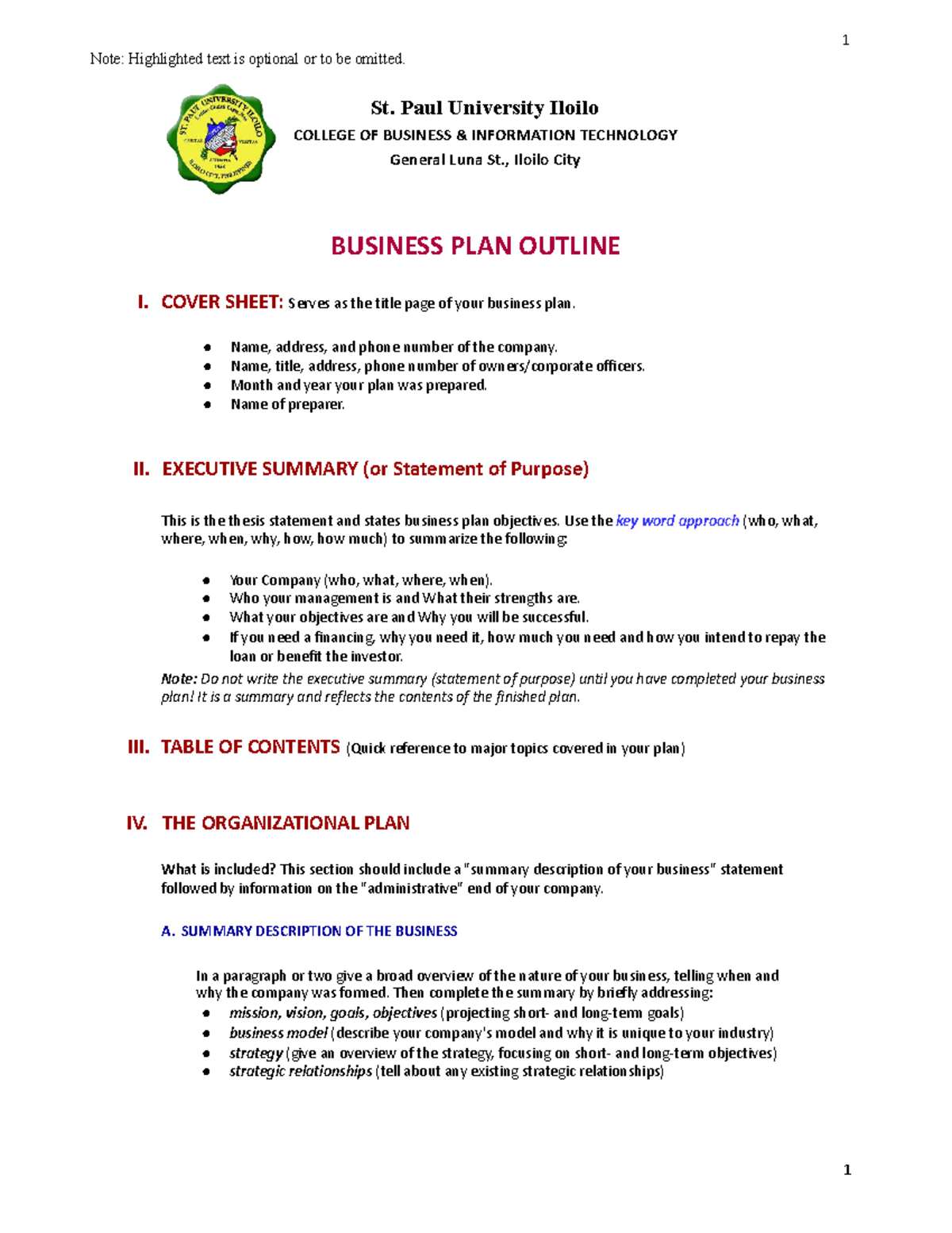 Outline on How to Make A Business Plan - Note: Highlighted text is ...