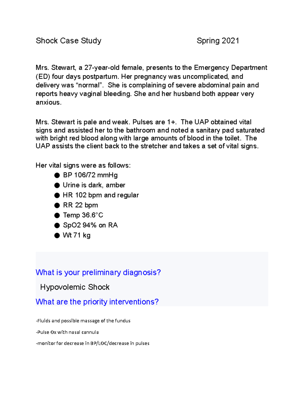 Shock Case Study 1 - Stewart, a 27-year-old female, presents to the ...