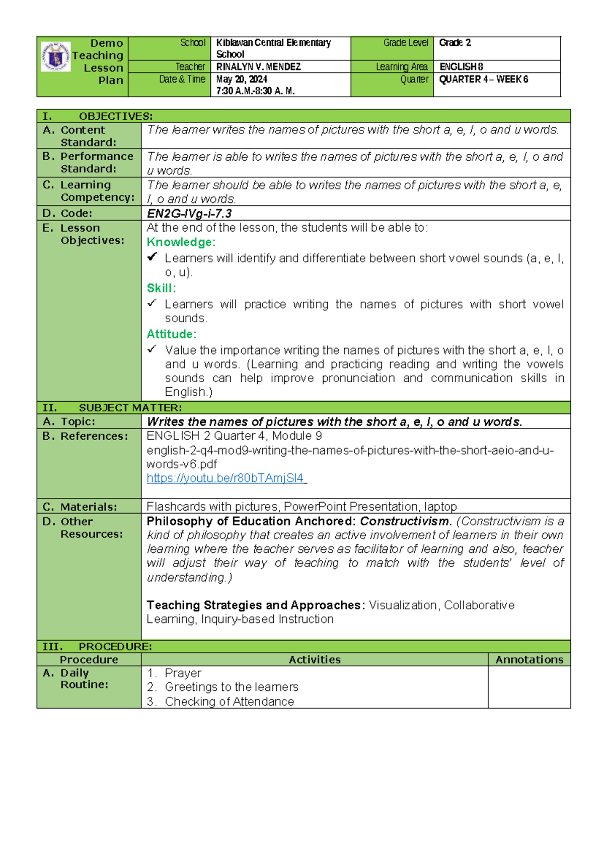 DLP Grade 2 - DLP in English 2 - Demo Teaching Lesson Plan School ...