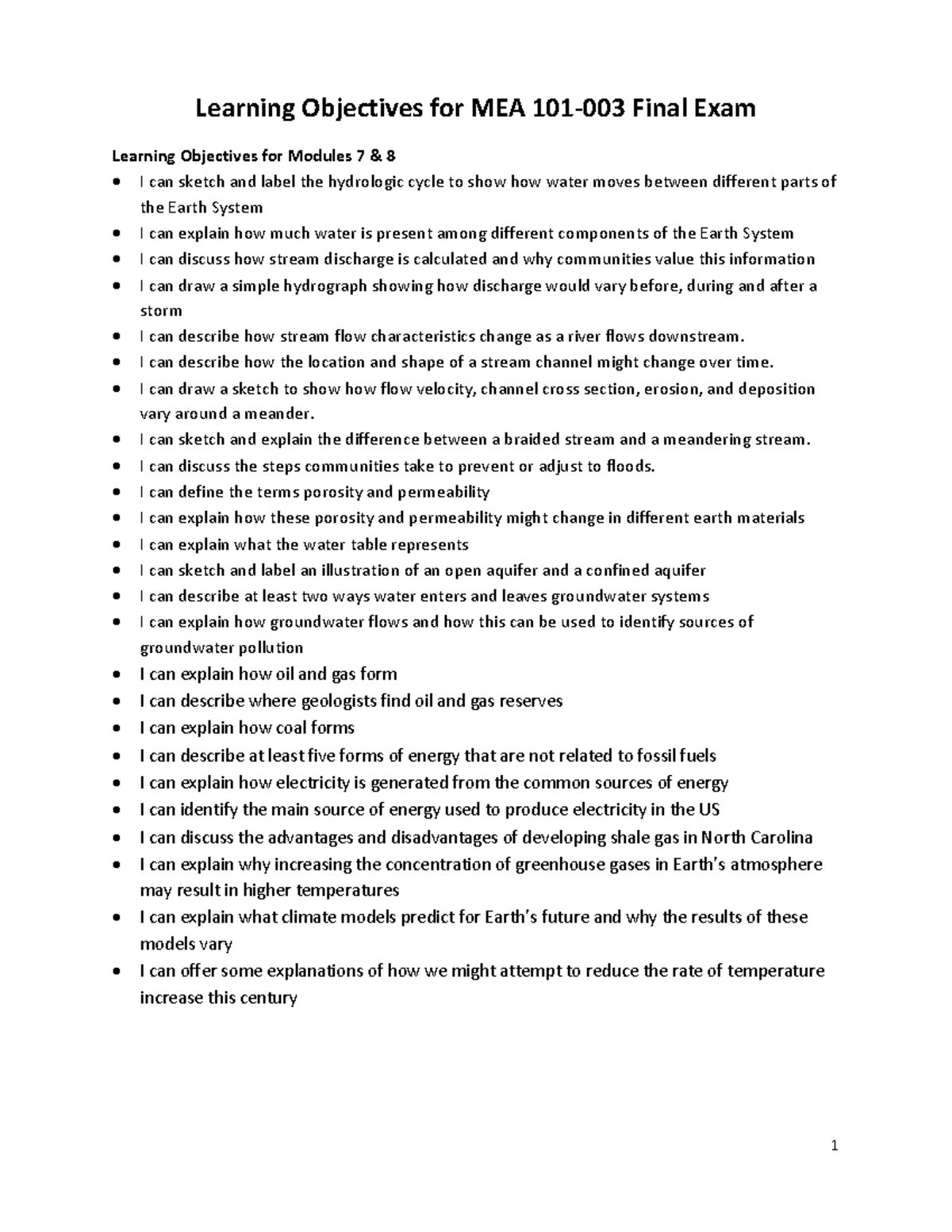 Learning Objectives for Exam 4 (Final) - Learning Objectives for MEA ...