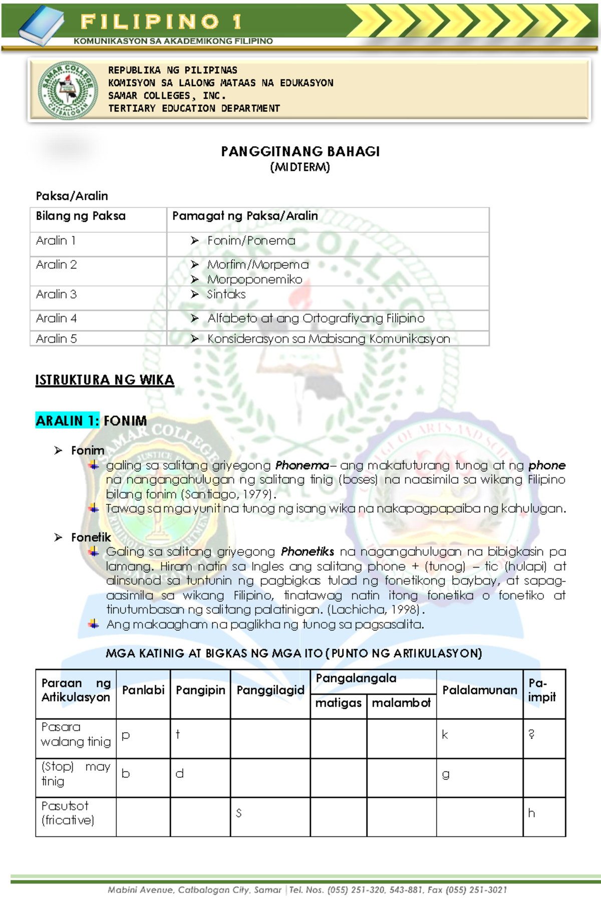 Filipino 1 Modyul Midterm - PANGGITNANG BAHAGI (MIDTERM) Paksa/Aralin Bilang ng Paksa Pamagat ng ...