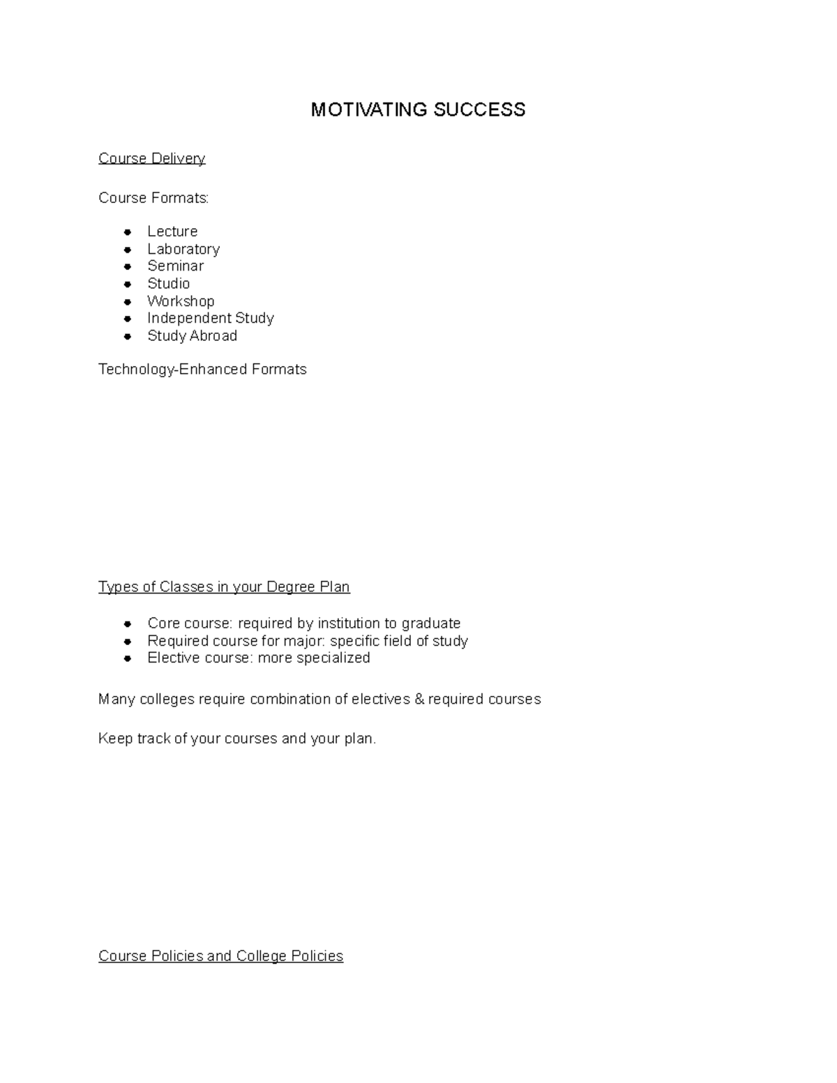 College Success Notes #2 - MOTIVATING SUCCESS Course Delivery Course ...