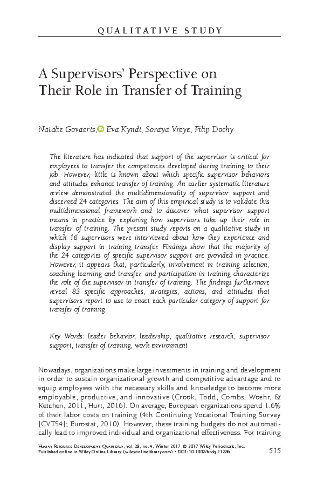 A Supervisors Perspective on Their Role in Transfer of Training ...