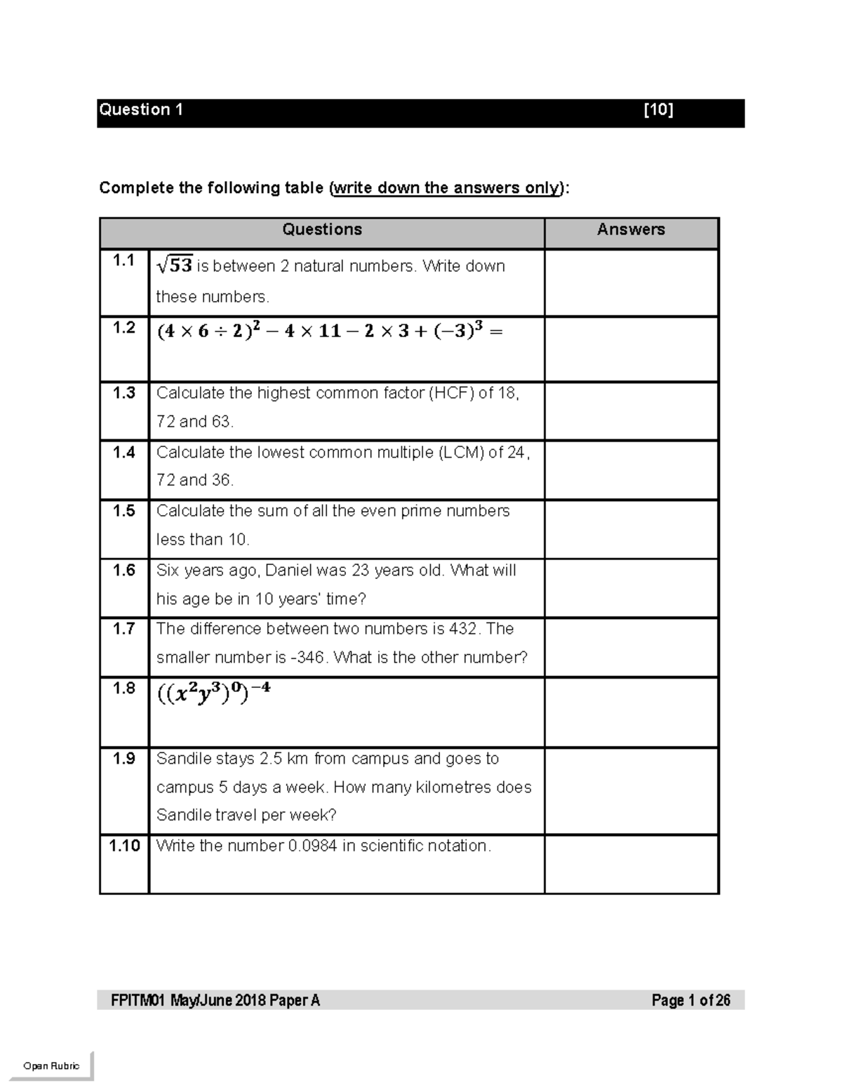 2018 Papers only - Computational Math's - Question 1 [10] Complete the ...