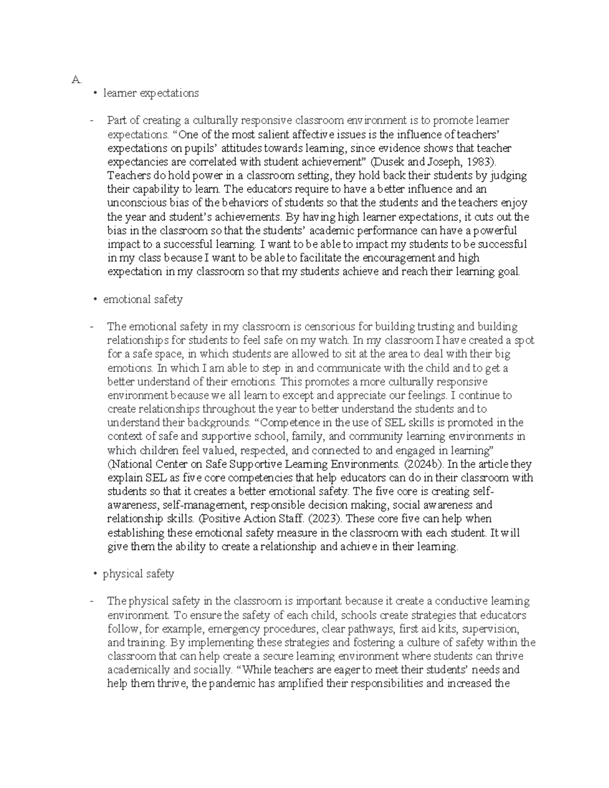 Task 1 Creating A Supportive Learning Environment A Learner Expectations Part Of Creating A