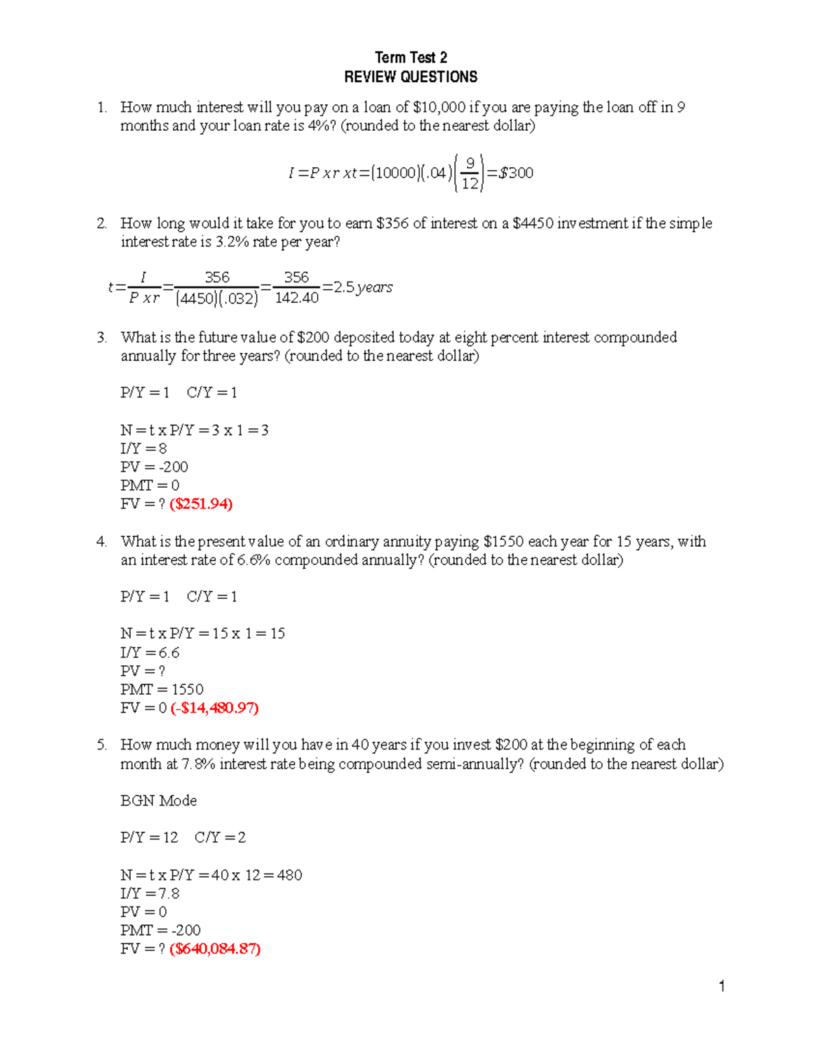 Term 2 Review Answers REVIEW QUESTIONS How Much Interest Will You Pay