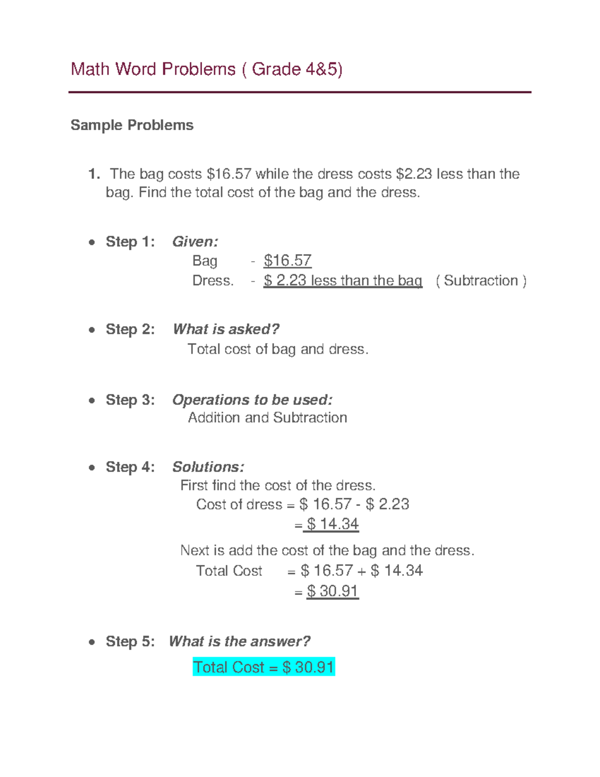 Word Problem Math Math Word Problems Grade 4 5 Sample Problems 1