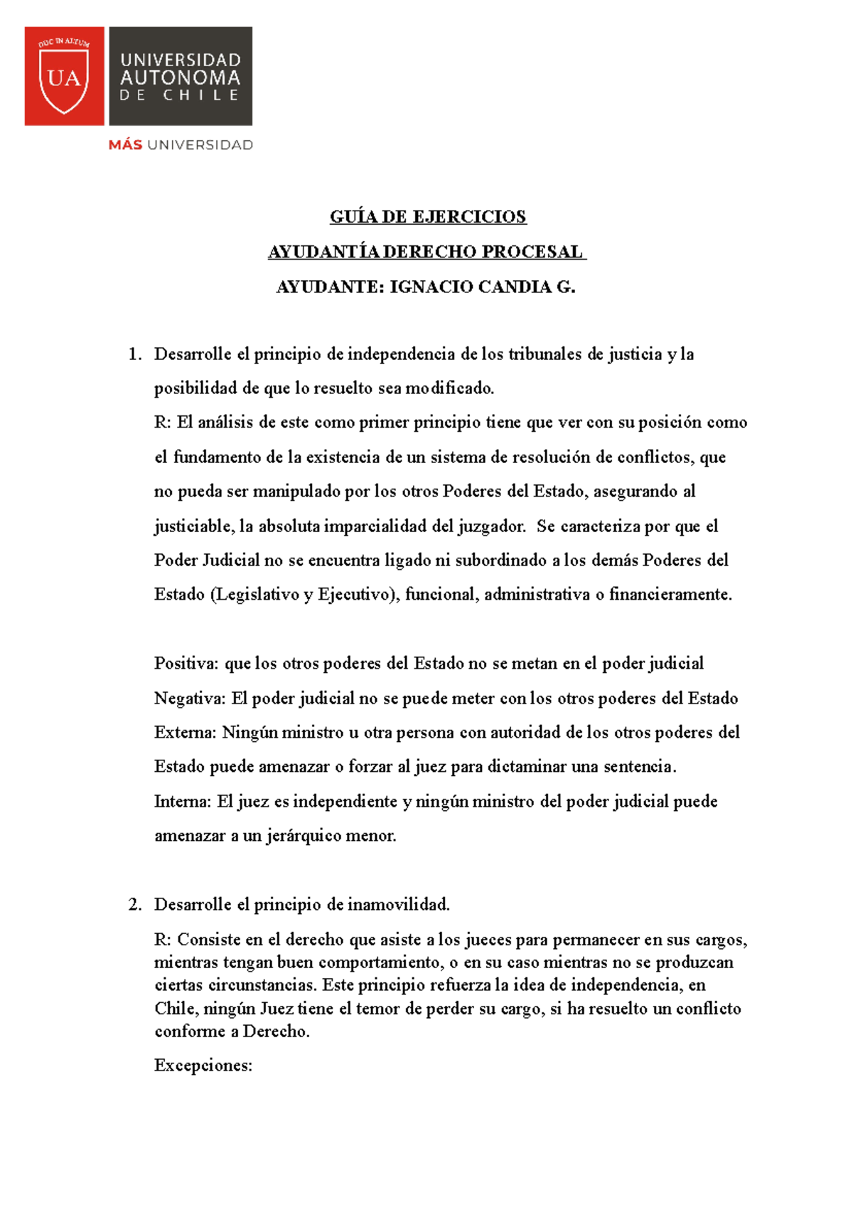 GUIA WORD - aaaaaaa - GUÍA DE EJERCICIOS AYUDANTÍA DERECHO PROCESAL AYUDANTE: IGNACIO CANDIA G ...