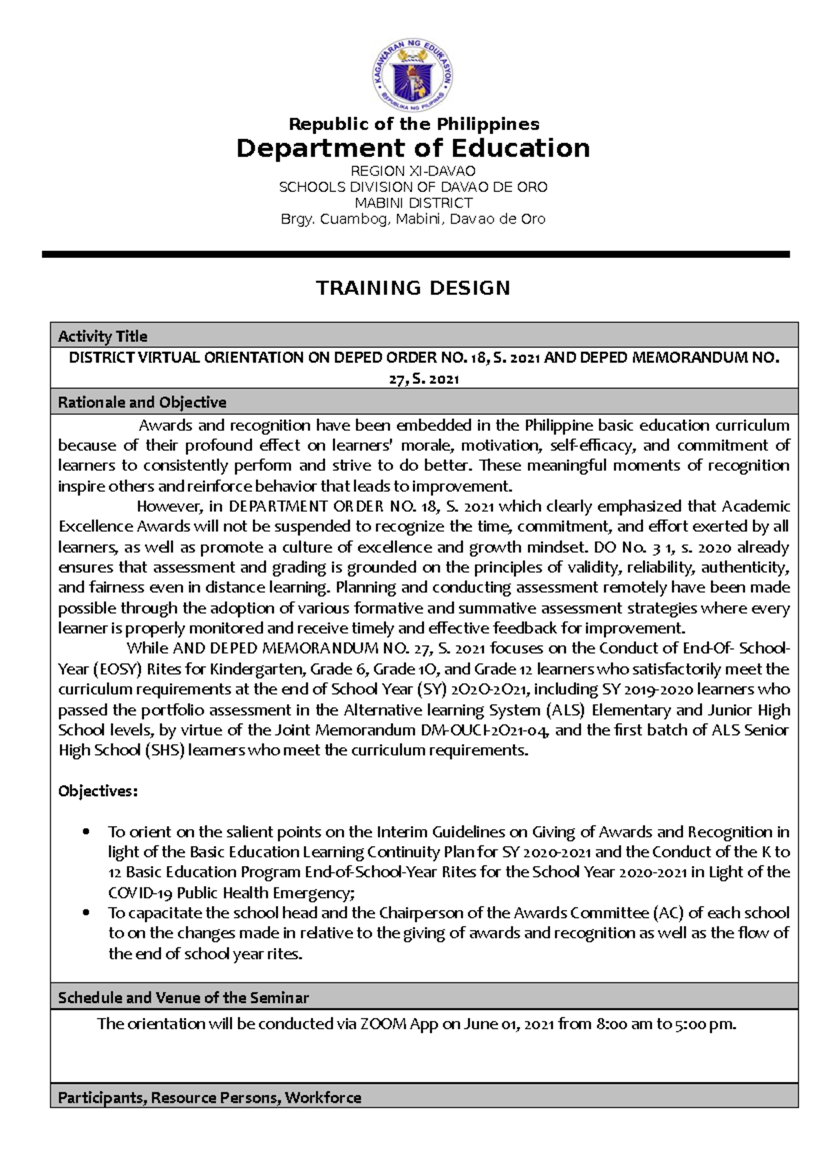 Training design in DO 18 and DM 27 - Republic of the Philippines ...