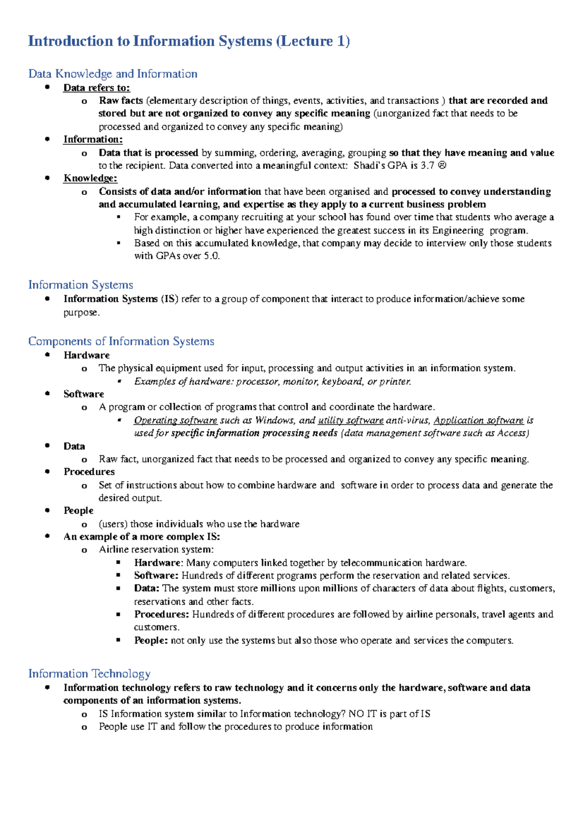 IS Exam Notes - Introduction to Information Systems (Lecture 1) Data ...